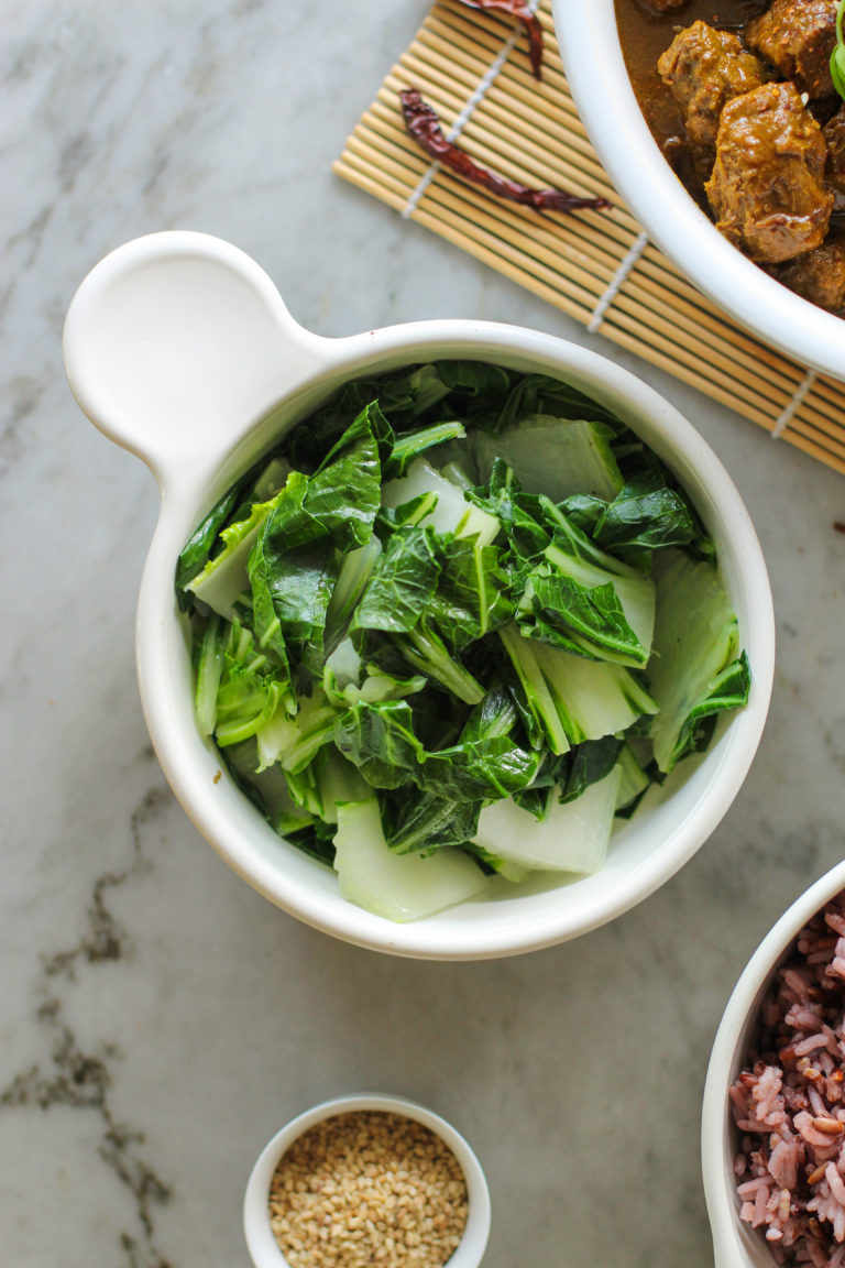 asian braised beef with pak choi and thai sticky rice