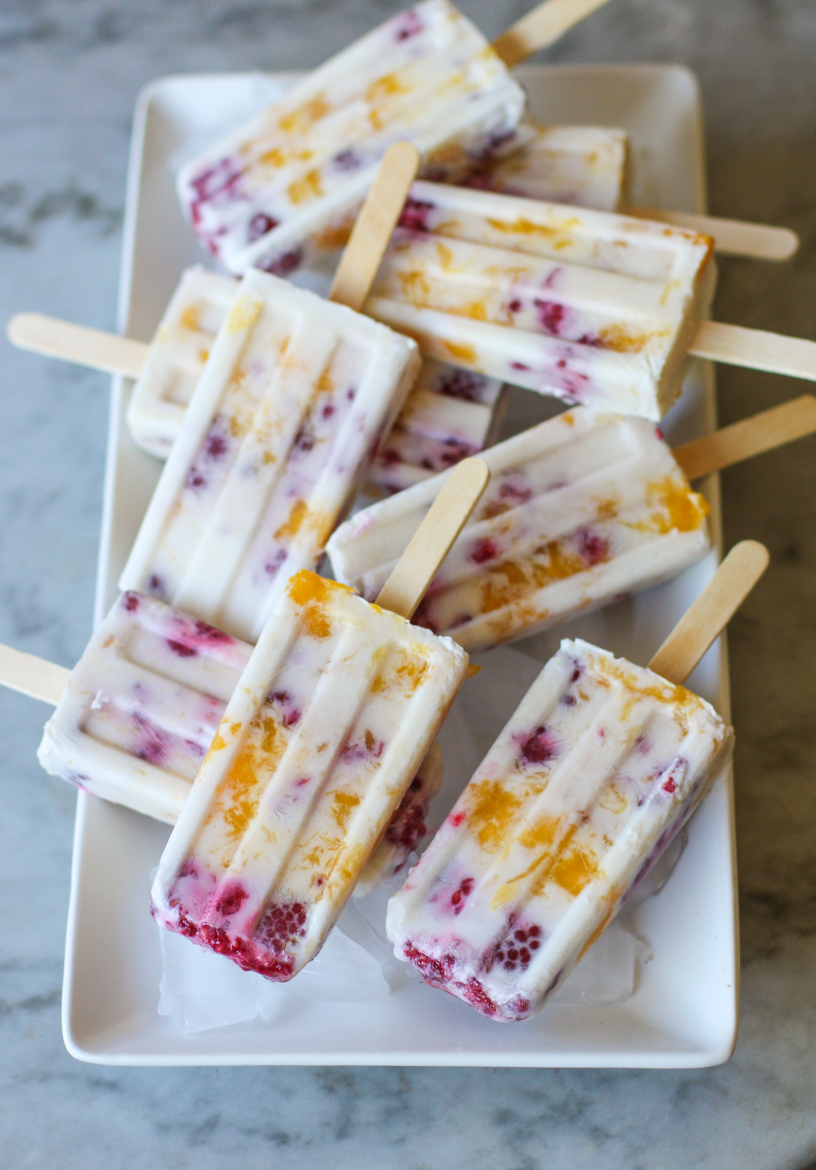 raspberry, mango and coconut popsicles